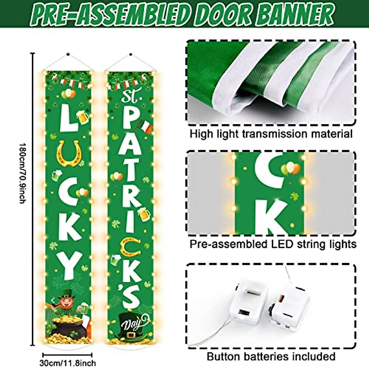 St Patrick's Day Front Door Banners Lighted Irish Shamrock Porch Sign with LED Light Decorations Lucky Door Sign Shamrock Hanging Banner for St Patrick's Day Spring Party Indoor Outside Lighted Decor