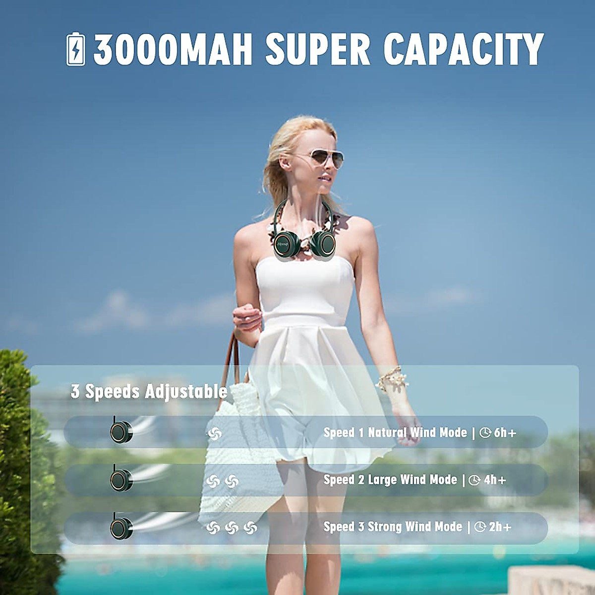 HIWUP 3000mAh Bladeless Neck Fan,Hands Free Portable Fan,Portable Fan 3 Speeds Strong Wind 360° Adjustable High Flexibility Wearable for Office Travel Outdoor (Army green)