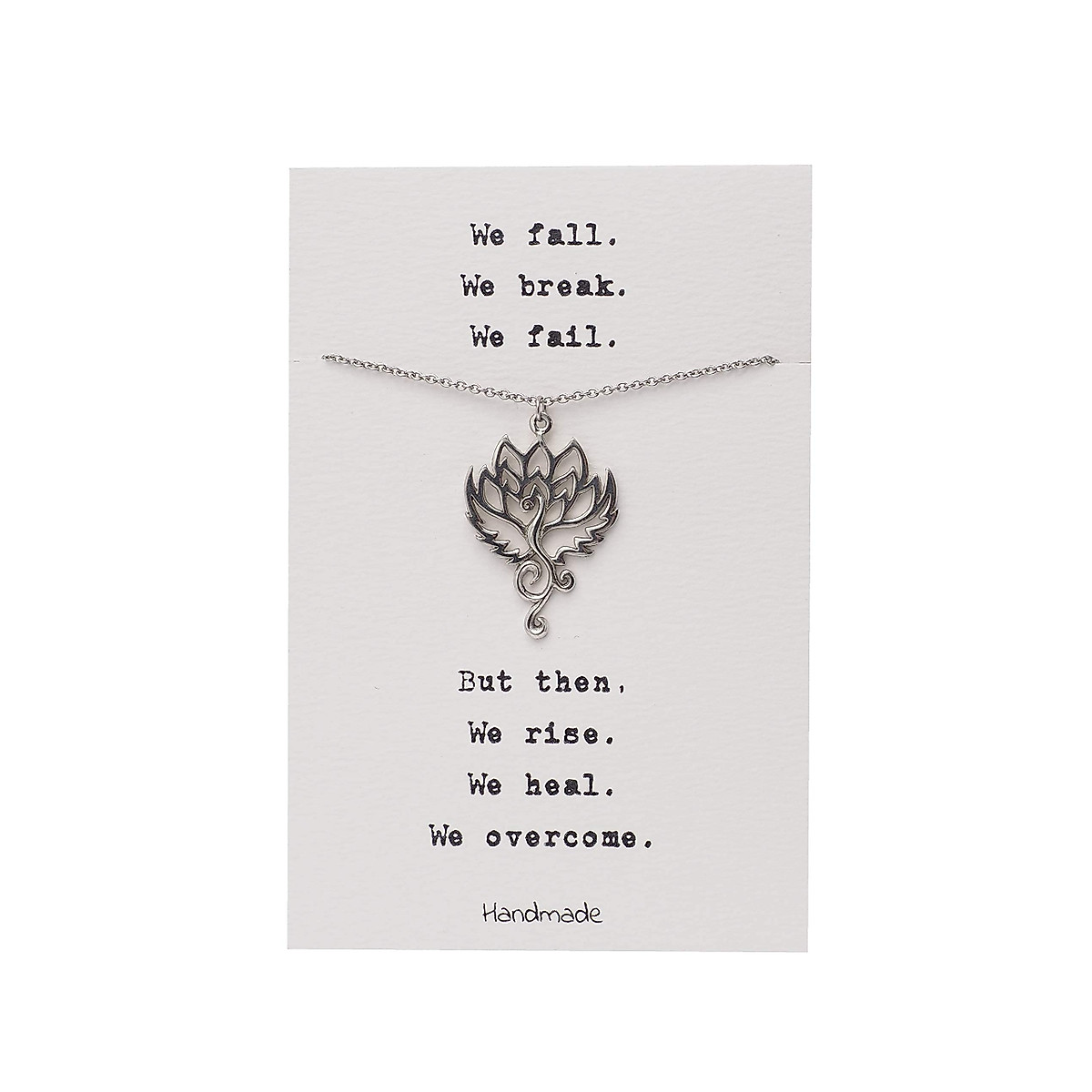 QUINNLYN & CO. Phoenix Om Lotus Flower Pendant Necklace, Handmade Gifts for Women with Inspirational Quote on Greeting Card, Stainless Steel