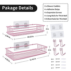 TONLEA Shower Caddy, Shower Organizer for Bathroom, 2-Pack Rustproof Stainless Steel Shower Shelves with Hooks for Bathroom Storage, Adhesive or Drilling Kitchen Organization, Pink