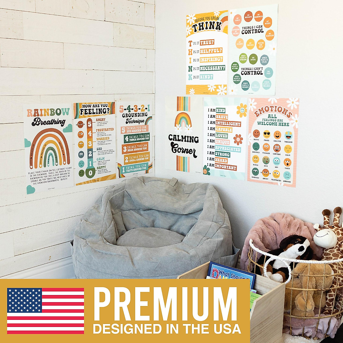 8 Calming Corner Posters For Classroom Must Haves For Teachers - 11x17" Calm Down Corner Supplies, Feelings Chart For Kids Ages 4-8, Toddler Emotions Chart, Retro Classroom Decor