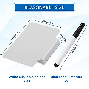 32 Pieces Basket Labels Clip Set, Include 30 Pieces Kitchen Clip Label Holder Removable PVC Bin with 2 Pieces Chalk Marker for Basket Pantry Organization Box (White Label Clip, Black Pen)