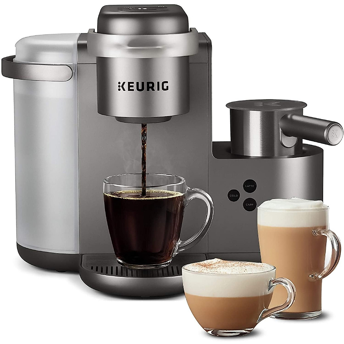 Keurig K-Cafe Special Edition Coffee Maker with Latte and Cappuccino Functionality (Nickel) Bundle with Donut Shop and Italian Medium Roast Coffee Pods and Stainless Steel Tumbler (4 Items)
