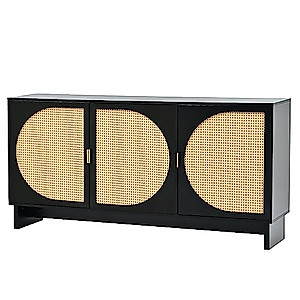 Accent Storage Cabinet with Rattan Door Freestanding Storage Sideboard with Adjustable Shelves Mid Century Modern Entryway Cabinet for Living Room, Hallway, Dining Room (Black)