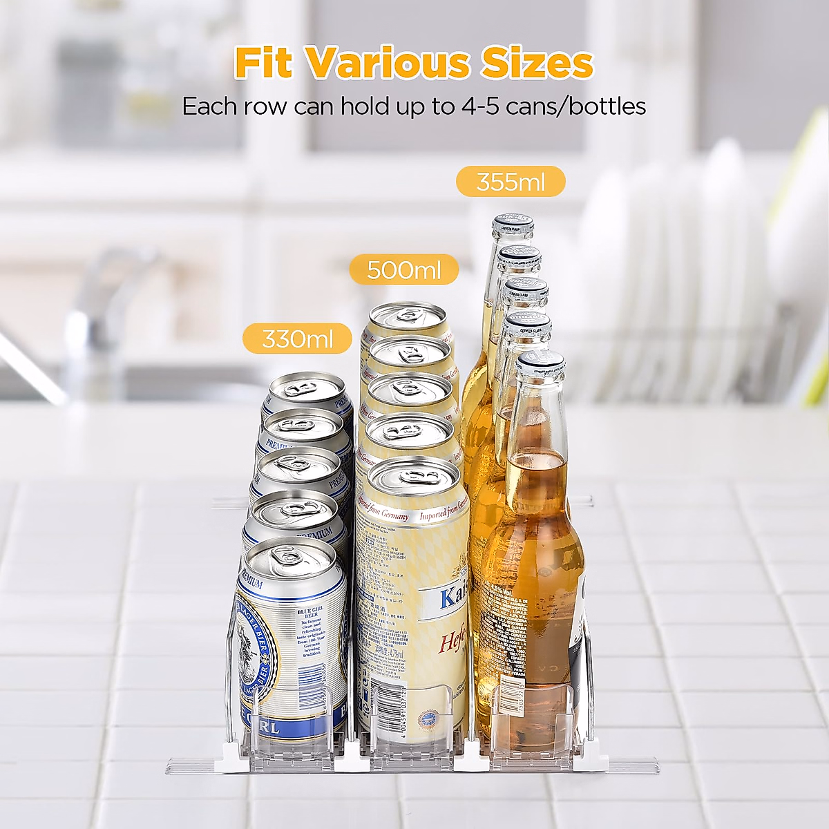 OTraki Fridge Drink Organizer Adjustable 3 Rows Soda Organizer for Refrigerator with Pusher Glide 15Inch Length & Width Fridge Spring Loaded Drink Can Dispenser Storage Hold up to 15pcs Cans, Clear