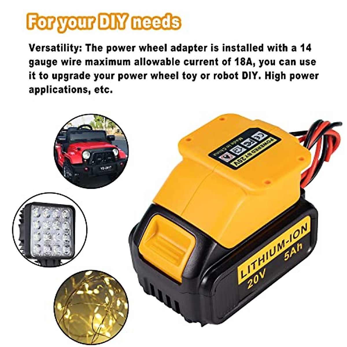 Power Wheel Battery Adapter for Dewalt 18v-20V Battery with14 AWG Convertor for DCB203, DCB204, DCB205, DCB206 for DIY Ride On Truck, RC Toys,Robot