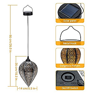 Solar Outdoor Lights Lanterns Waterproof - OxyLED 2 Pack Hanging Decorative Metal Lamps with Pattern for Outside Patio Tree Garden Yard Front Porch Backyard Pathway Christmas Decor Decorations Gifts