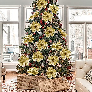 15 PCS Gold Poinsettia Flower Artificial Poinsettia with Clips Christmas Decor Glitter Poinsettia Christmas Ornaments Christmas Tree Flower Decorations with Stems DIY Xmas Wreath Holiday Party Decor