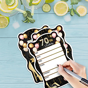 ERHACHAIJIA 20 PCS Pink Balloons & Black Golden High Heels Shaped Fill-In Invitations Cards With Envelopes, Funny 70th Birthday Party Happy 70 Year Old Birthday Invites For Women Lady Wife Mom Adults