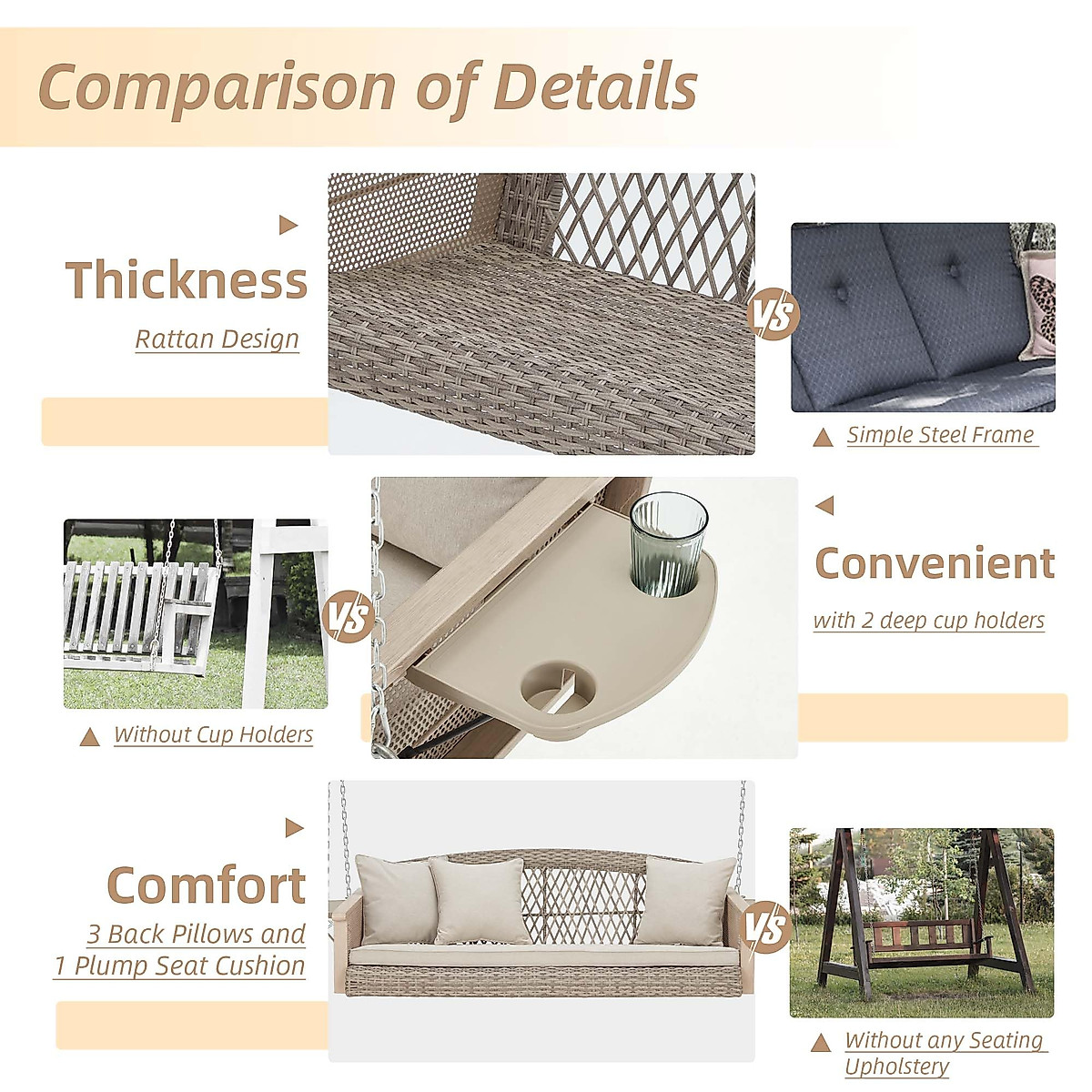 RYNSTO 3-Seat Wicker Hanging Porch Swing Outdoor with Non-Spill Cup Holder, Rattan Patio Swing Bench Ergonomic Design with Cushions & Chains, Heavy Duty 900 LBS Capacity for Deck, Garden, Backyard