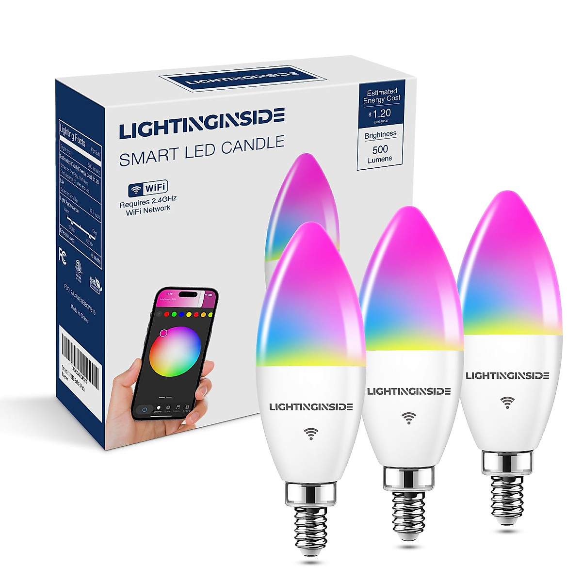 Lightinginside E12 Smart Bulb 60W Equivalent, 500LM 6W WiFi Candelabra LED Light Bulb Compatible with Alexa/Google Home, No Hub Required, RGBCW Chandelier Candle Bulb, 2.4G WiFi Only, ETL Listed, 3PCS