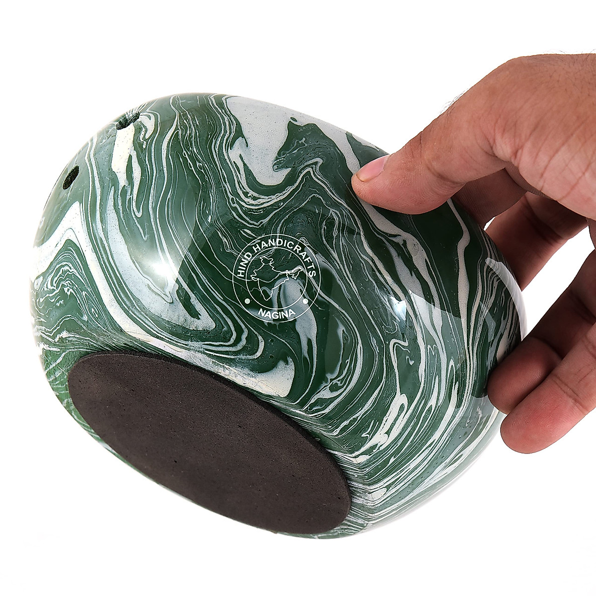 Hind Handicrafts Premium Solid Dark Handmade Crafted Wooden Portable - Antique Yarn Storage Bowl - Holder for Knitting Crochet Hook Accessories (6" x 6" x 3", Green Waves)