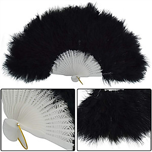 Wobe 20s Vintage Feather Fan Flapper Dance Roaring Gatsby Burlesque Handheld Marabou Feather Fan Flapper Accessories (Black)