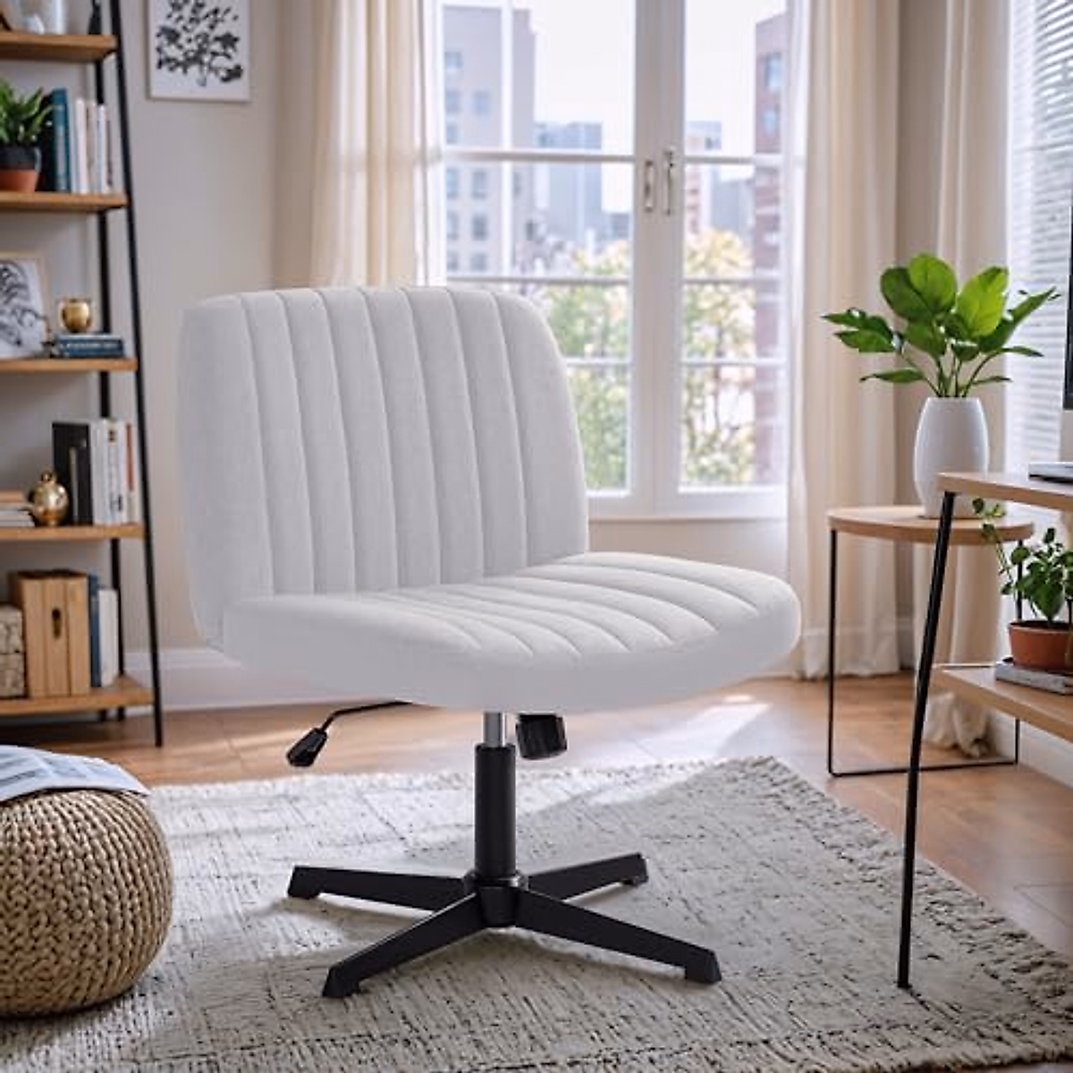 Shahoo Criss Cross Legged Chair, Armless Swivel Wide Padded Height Adjustable Fabric Home Office, Beige