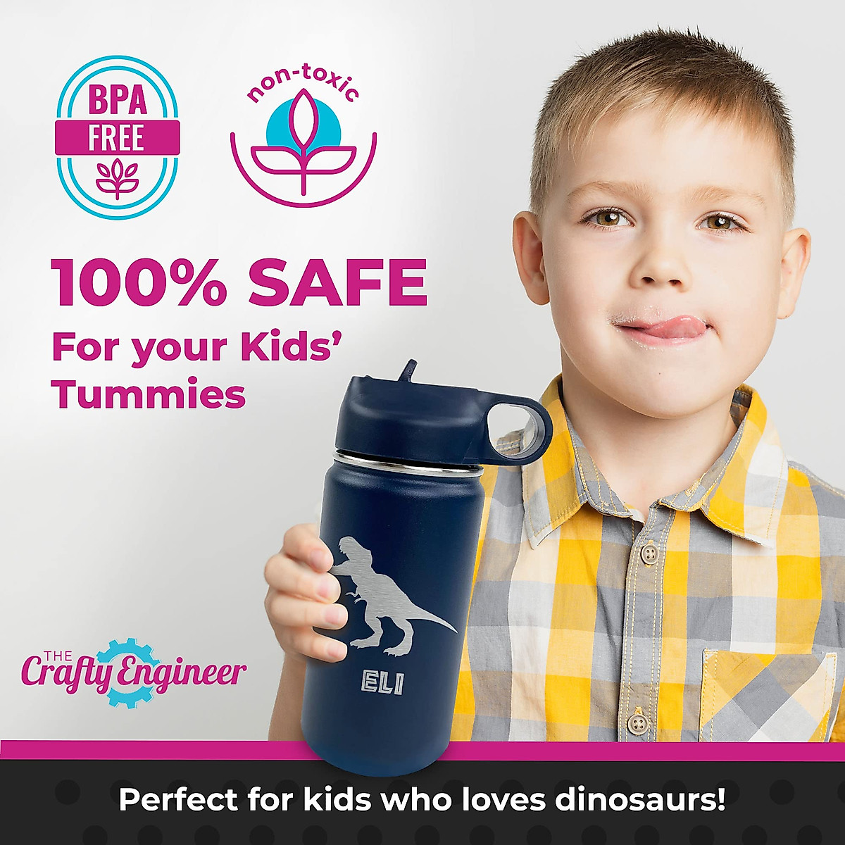 The Crafty Engineer Customized T-Rex Dinosaur Kid's Water Bottle, Back to School (Black)