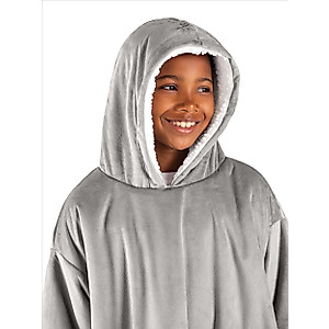 Bare Home Sherpa Fleece Wearable Blanket - Oversized Wearable Blanket Hoodie - Kids Size - Warm & Cozy - Soft Blanket - Comfortable Blanket Sweatshirt with Dual-Sided Pockets (Kids, Light Grey)