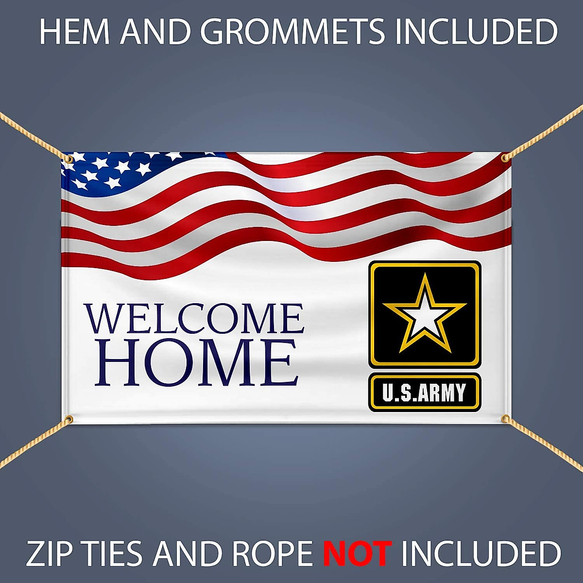 BannerBuzz Vinyl Banner, Welcome Home US Army, PVC Flex, 11 oz, Hemmed Edges with Grommets, Single Sided Print, Full Color 600DPI Eco Solvent Printing (6' X 3')
