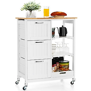 MEDIMALL Rolling Kitchen Island Cart with Storage, Utility Cart on Steel Lockable Casters, Mobile Serving Cart with Drawers, Shelves & Removable Tray, Island Table for Dining Room & Living Room, White