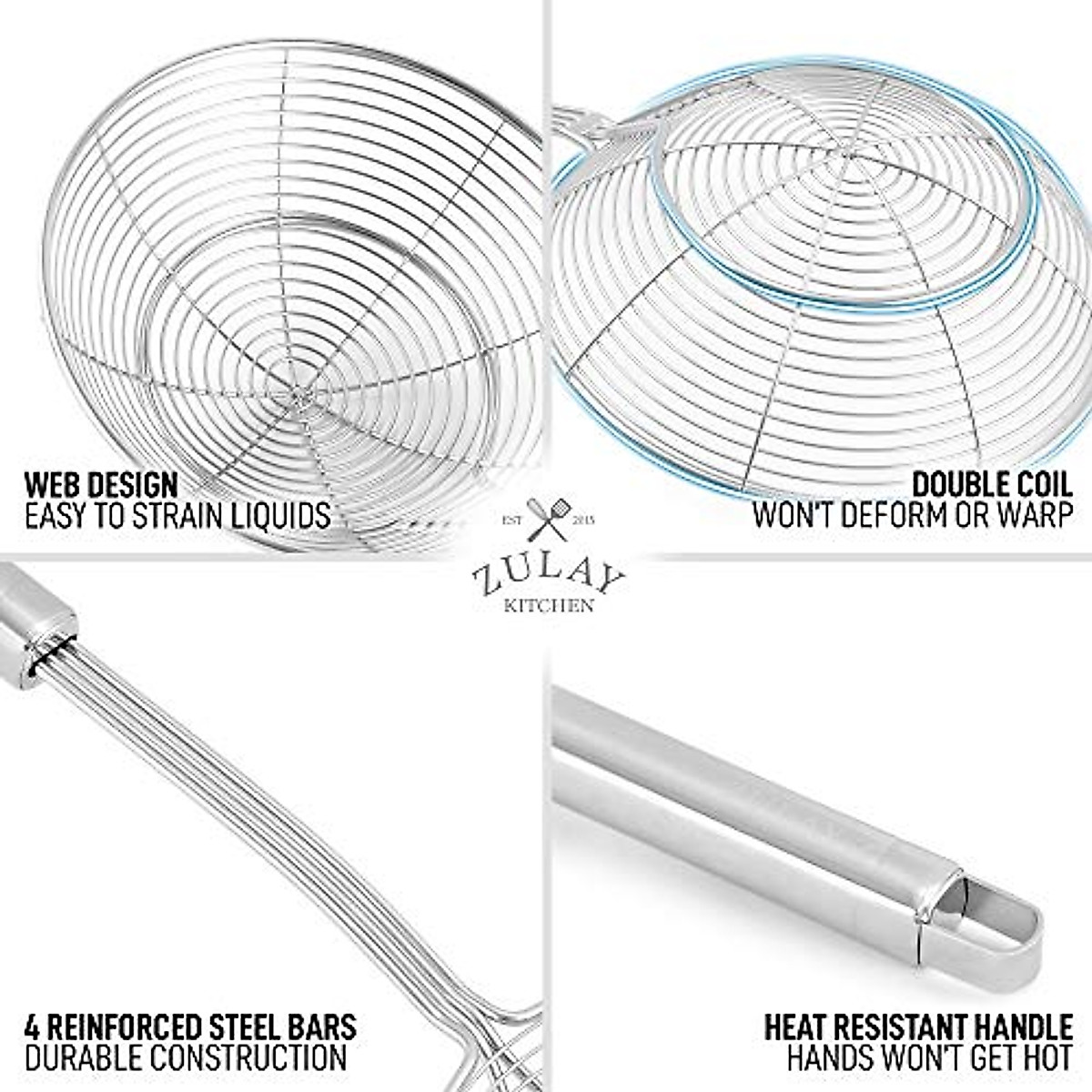 Zulay Kitchen 15.4 Inch Stainless Steel Strainer - Spiral Wire Mesh Skimmer Spoon Ladle With Long Handle - Reinforced Double Coil Slotted Spoons For Cooking and Frying