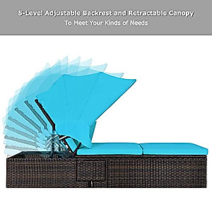 Tangkula 2PCS Outdoor Chaise Lounge Chair with Folding Canopy, Adjustable Cushioned Reclining Chair with Flip-up Tea Table, Rattan Sun Lounger for Beach Poolside Backyard Balcony Porch (2, Turquoise)