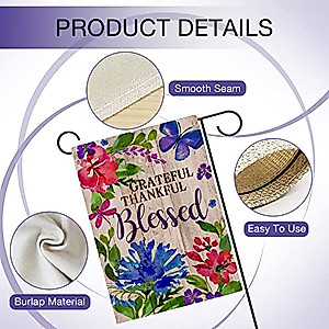 Hzppyz Grateful Thankful Blessed Thanksgiving Garden Flag, Decorative Small Outdoor Flag Flower, Rustic Burlap Christmas House Yard Flag Spring Outside Holiday Decoration Home Decor Flag 12.5 x 18