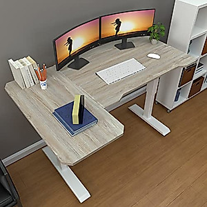 bilbil 59 Inches L-Shaped Height Adjustable Electric Standing Desk, Sit to Stand Desk Home Office Computer Desk with Lockable Casters, Oak Top, White Frame