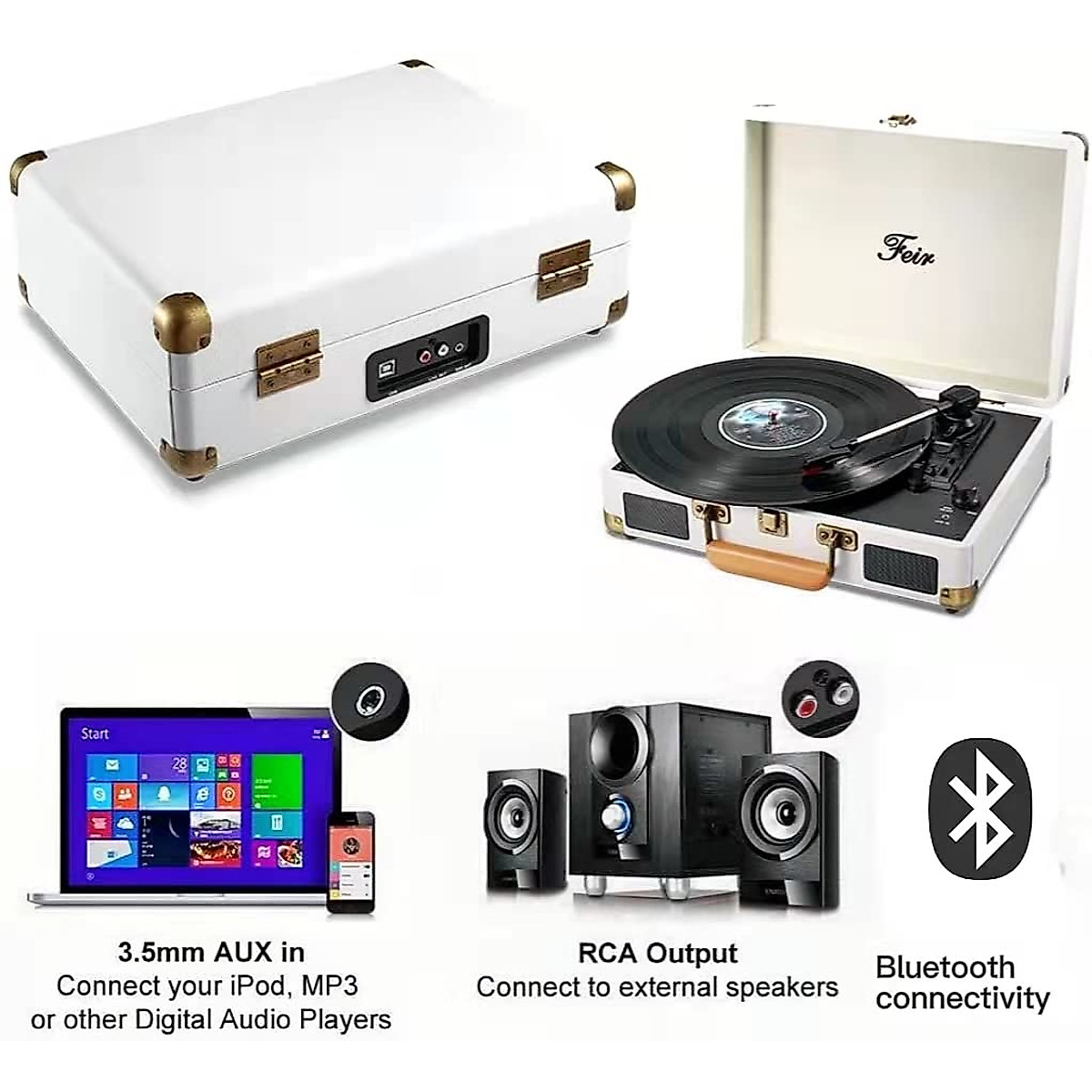 Vinyl Record Player Bluetooth with Speakers 3 Speed Portable Turntable Suitcase Built in 2 Speakers RCA Line Out AUX Headphone Jack PC Recorder-White