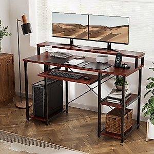 NOBLEWELL Computer Desk with Storage Shelves, 47 inch Home Office Desk with Monitor Stand, Writing Desk Table with Keyboard Tray (Cherry)