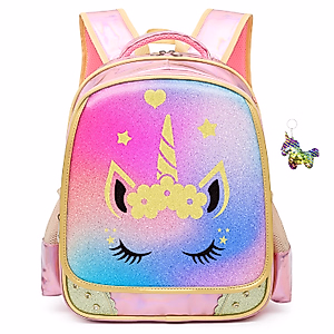 Mloovnemo Girls Elementary Primary School Bag Unicorn Backpack Diamond Glitter Princess School Backpack Large Capacity(Large, Unicorn Pink)