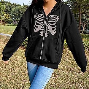Lausiuoe Women Zip Up Hoodie Casual Long Sleeve Y2K Goth Skeleton Printed Graphic Hoodies Sweatshirts Oversized Jacket