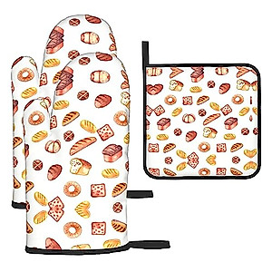 Painted Bread Oven Mitts and Pot Holders Sets 3pcs Heat Resistant Waterproof for Cooking Baking Grilling