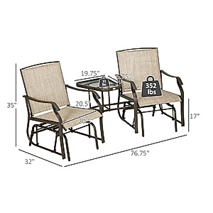 Outsunny Outdoor Glider Chairs with Coffee Table, Patio 2-Seat Rocking Chair Swing Loveseat with Breathable Sling for Backyard, Garden, and Porch, Light Brown