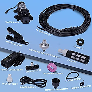 Fogland Pump Misting System: Outdoor Misting System 49ft Misting Cooling System with 16pcs 0.016" Orifice Thread Stainless Steel Misting Nozzle for Patio Garden Backyard