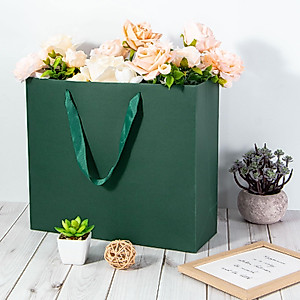 Umoofine Large Green Gift Bag with Ribbon Handles 12 Pack, 12.6x4.5x11 inches Extra Large Blackish Dark Green Gift Bag , Reusable Heavy Duty Deep Green Kraft Bag Paper Bags Bulk for Shopping, Wedding,