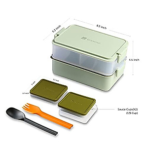 linoroso Stackable Bento Box Adult Lunch Box | Meet All You On-the-Go Needs for Food, Salad and Snack Box, Premium Bento Lunch Box for Adults Include Utensil Set, Dressing Containers - Pale Mint