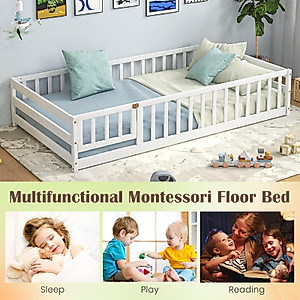 Giantex Twin Floor Bed with Door & Fence, Kids Wood Montessori Bed with Safety Guardrails, Floor Bed Frame for Kids, Boys, Girls, No Box Spring Needed, Floor Bed Twin (White)