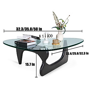 Triangle Coffee Table in Walnut Mid Century Modern Solid Wood Base and Triangle Clear Glass Coffee Table for Living Room Low Minimalist Tea Table Coffee Tables (36 * 25.6 * 16, Black Transparent)