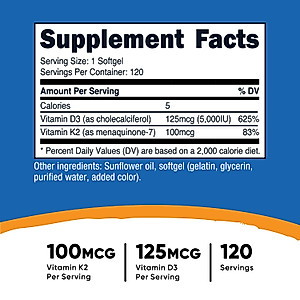 Nutricost Vitamin K2 (MK7) (100mcg) + Vitamin D3 (5000 IU) 120 Softgels - Gluten Free and Non-GMO