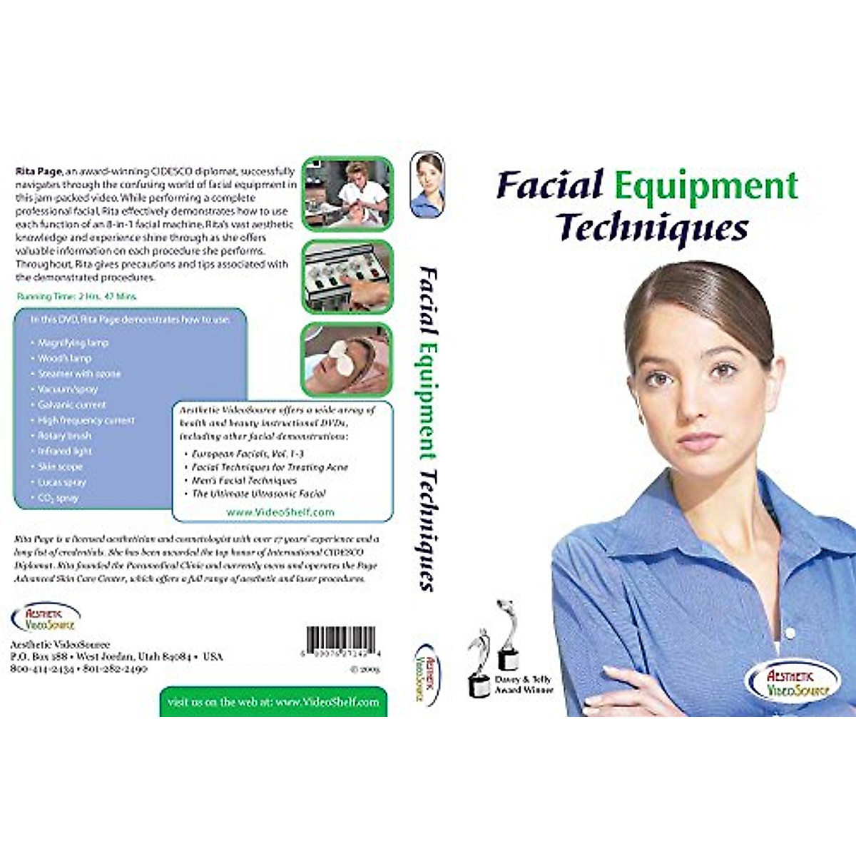 Facial Equipment Techniques DVD, 8-in-1 Facial Machine Training - Includes Treatments Using High Frequency, Steamer, Magnifying Lamp, Infrared Light, Woods Lamp, CO2 Spray, Vacuum Spray, Rotary Brush, Galvanic w/ Rita Page, CIDESCO (2 Hrs. 47 Mins.)