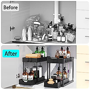 artzon 2 Pack Under Sink Organizers and Storage, 2-Tier Sliding Cabinet Basket Organizer with Hooks, Multi-Purpose Under Sink Organizers and Storage for Bathroom Kitchen