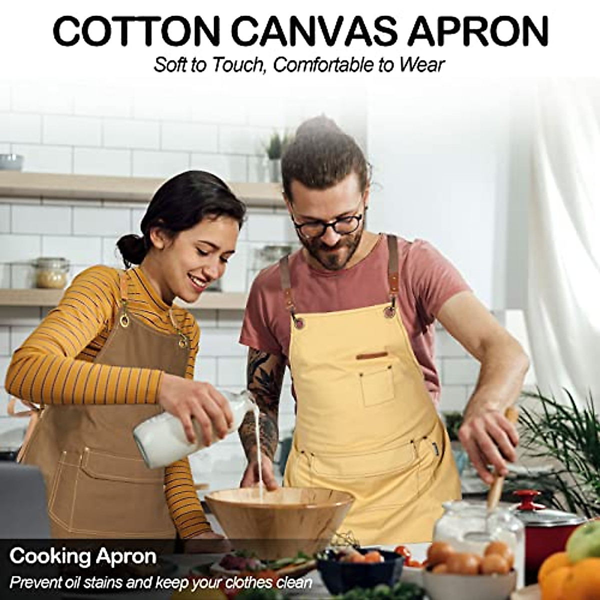 Chef Apron for Men Women with Pockets, Cross Back Apron for Kitchen Cooking Baking Artist Painting, Cotton Canvas Work Aprons for Shop, Garden, Restaurant, Cafe, M to XXL (Brown, 1pc Gift Box Pack)
