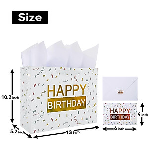 13" Large White Gift Bag Set with Greeting Card and Tissue Papers (Gold Foil ’Happy Birthday') for Women's, Men's, Girls, Boys or Kids, Baby Shower
