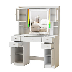 White Vanity Desk with LED Mirror,Makeup Vanity with Charging Station & RGB Lights,5 Drawers 4 Shelves Makeup Desk Vanity Table Stool Set with Glass Table Top & Time Display Lights, White