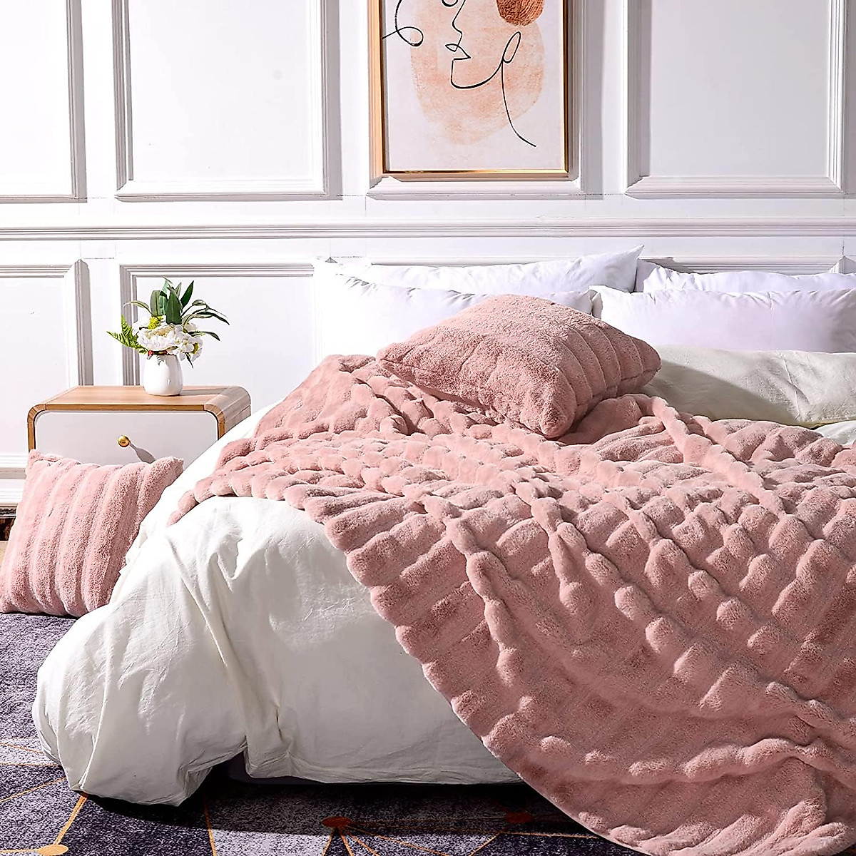 NEXHOME PRO Faux Fur Throw Blanket Pink, Luxury Soft Decorative Cozy Plush Long Shaggy Fluffy Blanket for Sofa Couch Bed Living Room, Reversible Puffy Thick Warm Blanket for Winter, 50"X60"