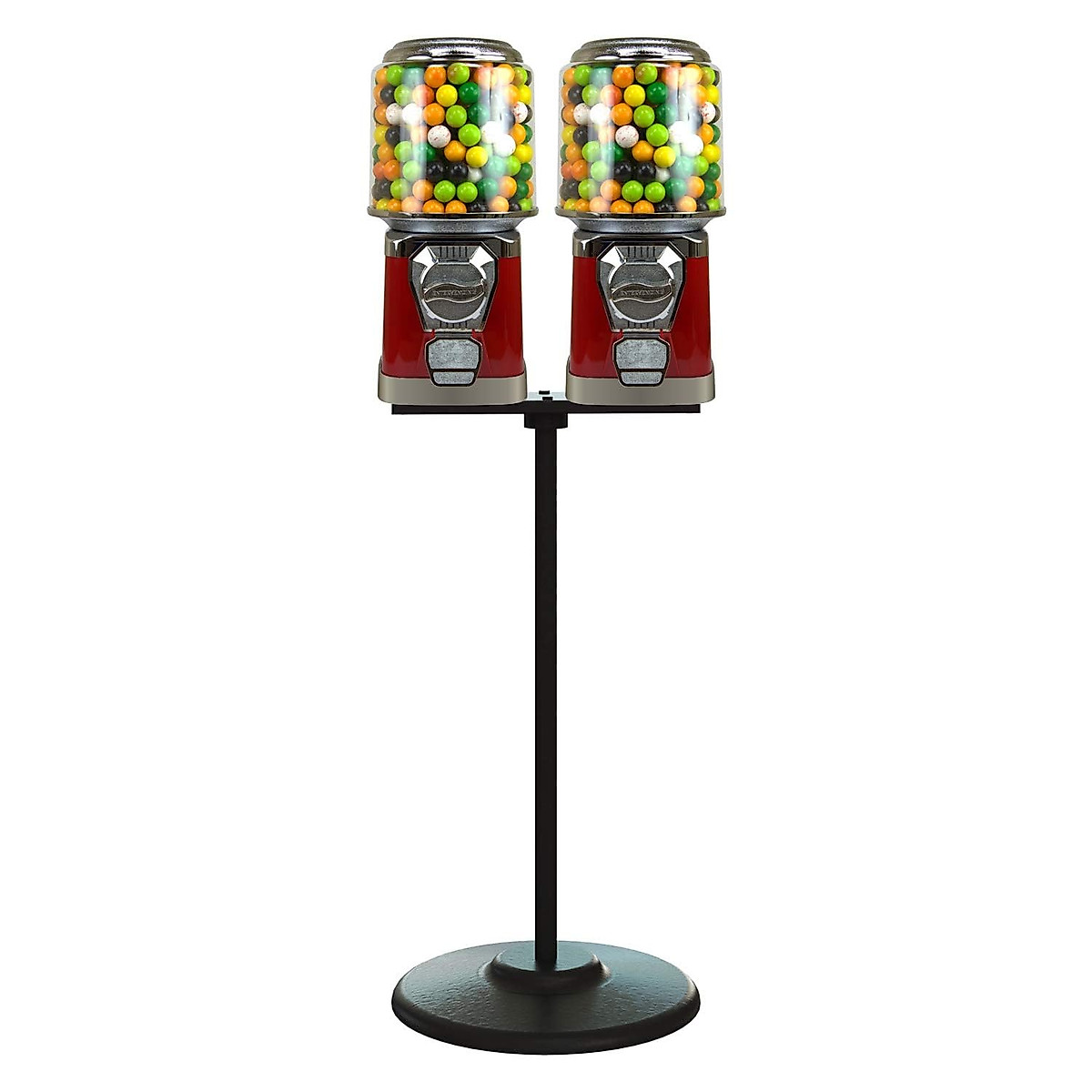 Gumball Machine for Kids - 2 Vending Machines with Stand & Connecting Board Bundle - Bubble Gum Red Vending Machine and Black Metal Stand Bundle - Coin Gumball Machine