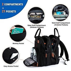 Large Diaper Bag For 2 Kids, 17L~30L Expandable Twin Diaper Bag Backpack For Travel/Shopping, Easy Access Design / 4 Big Insulated + 2 Wet Cloth Pocket For 2 Babies / Waterproof / Back Support Cushion