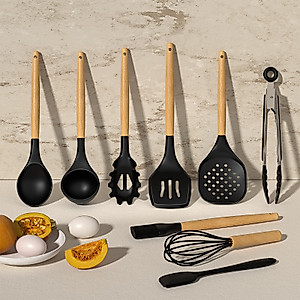 Kitchen Utensils Set, AIKKIL16 Pcs Cooking Utensils Set with Holder, Heat Resistance, Black Wooden Handle Silicone Kitchen Gadgets Utensil Set for Nonstick Cookware