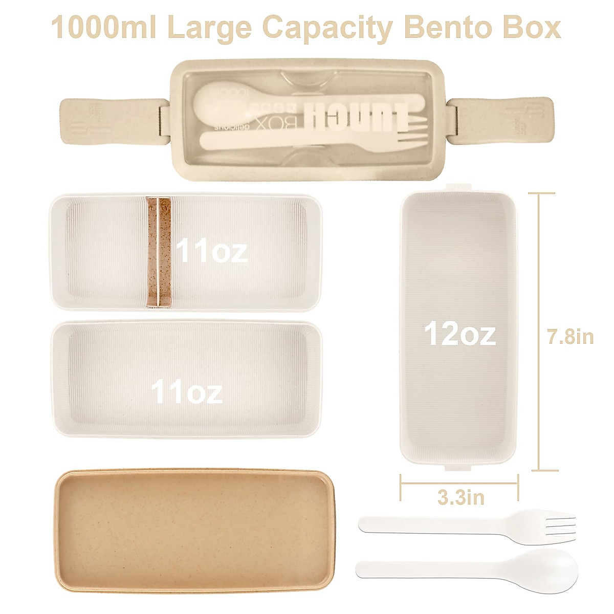 Stackable Bento Box with Lunch Bag, 3 Compartment Japanese Lunch Containers, Wheat Straw, All-in-1 Bento Lunch Box Kit for Adult Meal Prep Lunch Snack by Iteryn