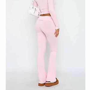 Sumleno Women Y2k Skinny Pants Flare Leggings Low Rise Fold Over Waist Bootcut Stretchy Yoga Sweatpants Lounge Streetwear (Light Pink,S)