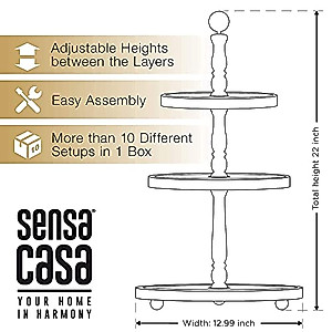 SensaCasa Farmhouse Tiered Tray – 3 Tier Tray – Rustic White Three Tier Tray - Wooden Farmhouse Kitchen Decor – 3 Tier Serving Trays – Wood Round Tiered Stand